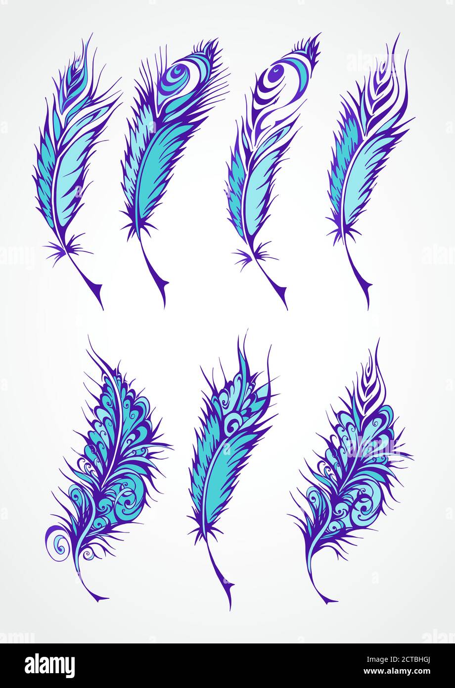 Vector set of color stylized fantastical feathers. Collection of ...