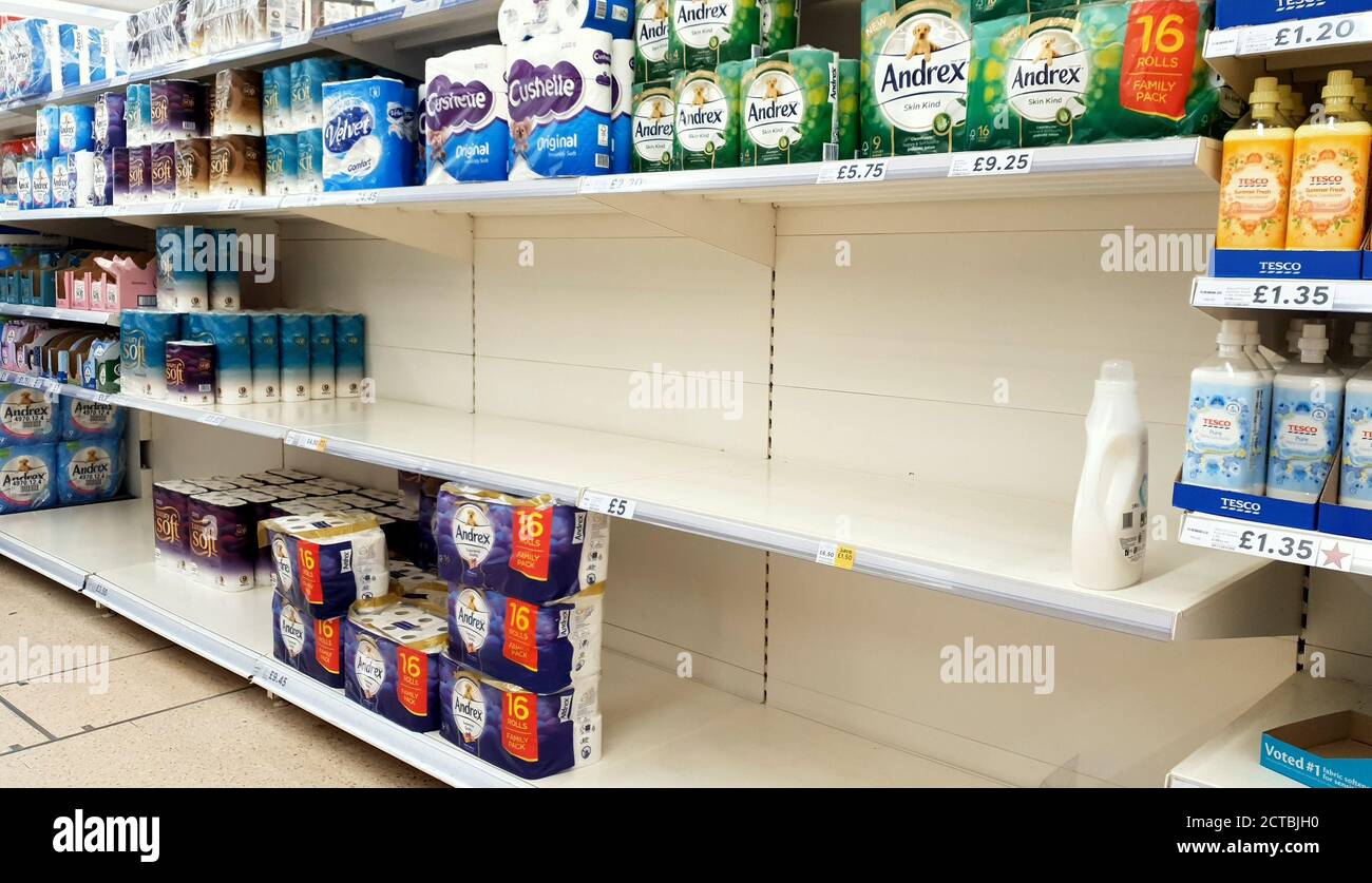 A view of toilet tissue on shelves at a supermarket in Ashford, Kent ...