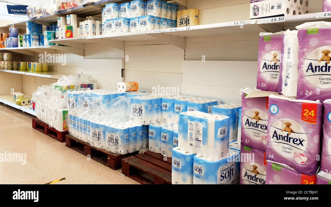 A view of toilet tissue on shelves at a supermarket in Ashford, Kent ...