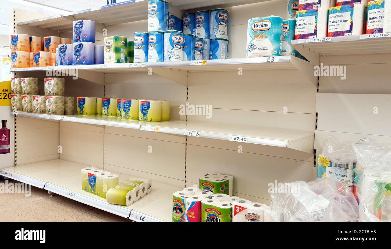 A view of toilet tissue on shelves at a supermarket in Ashford, Kent ...