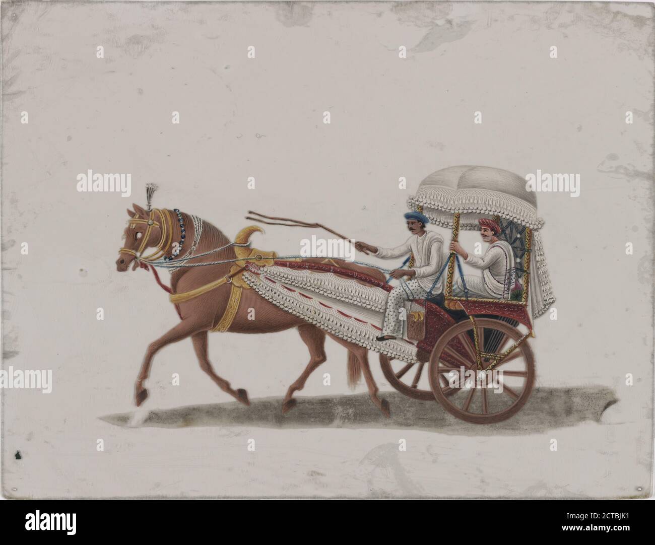Horse drawn two-wheeled white carriage with driver and male passenger ...