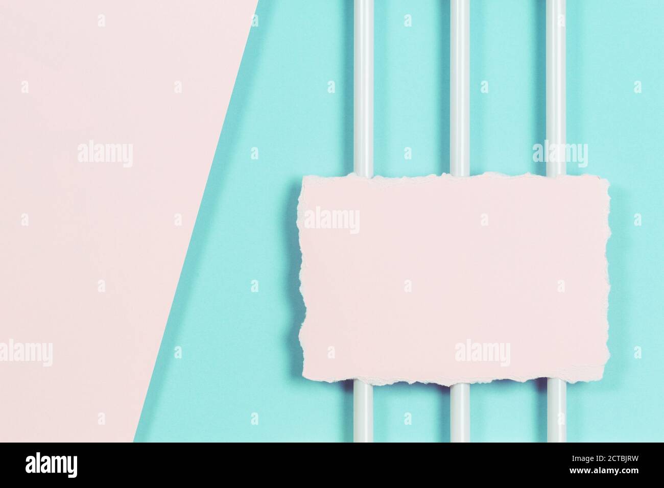 Blank light pink ripped piece of paper, torn paper card on pastel two ...