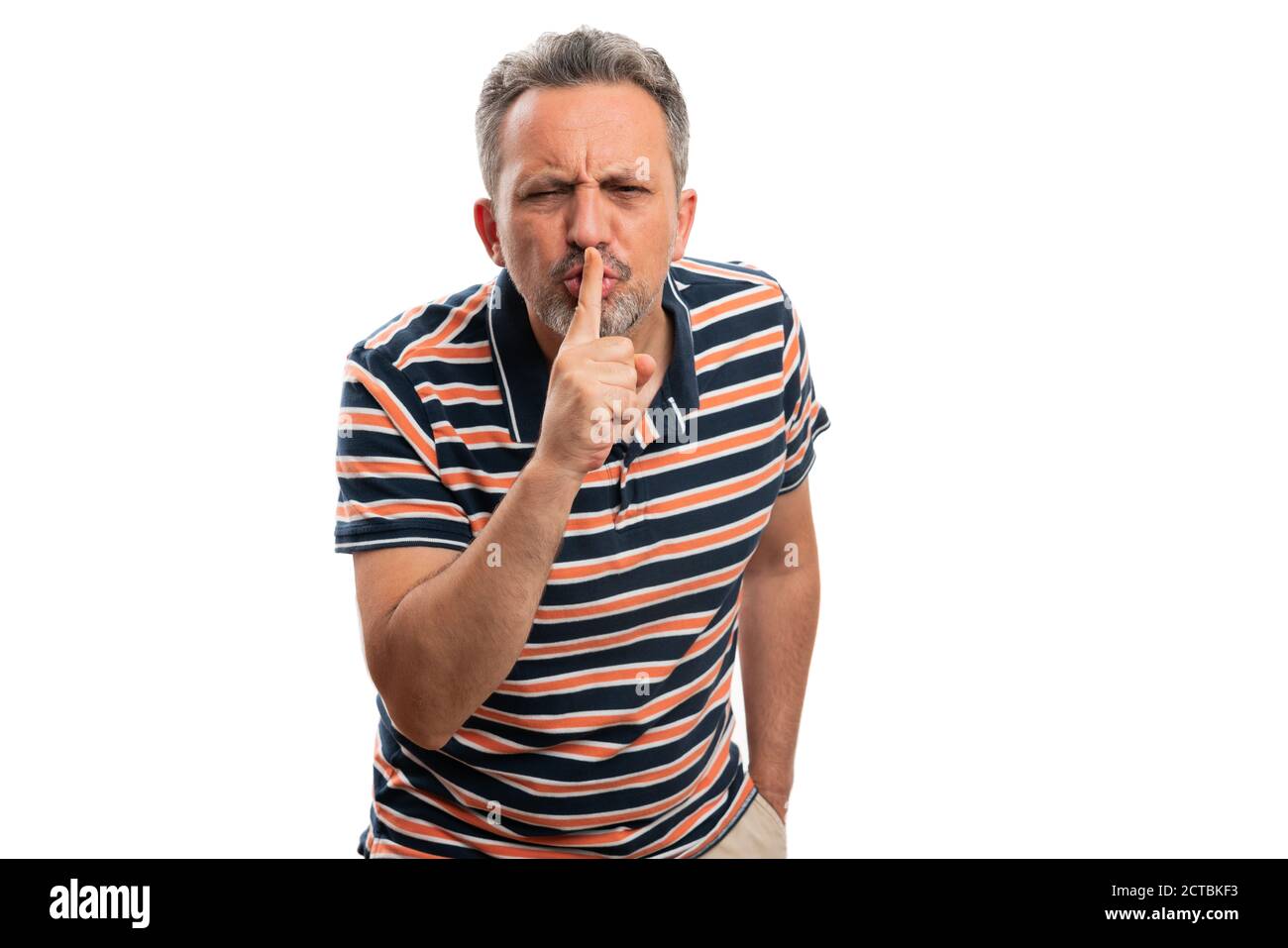 Angry expression man model making shush quiet secret gesture using ...