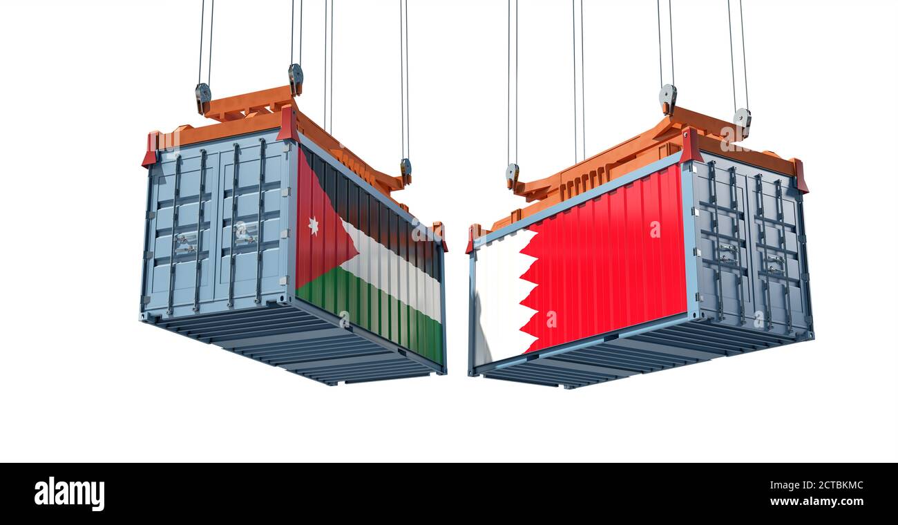 Freight containers with Jordan and Bahrain flag. 3D Rendering Stock ...