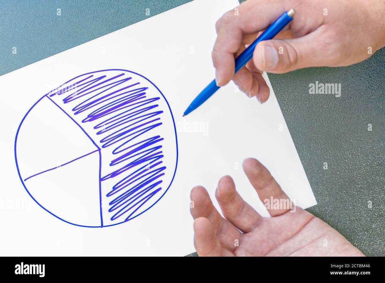 Pie chart with two explanatory hands and a pen Stock Photo - Alamy