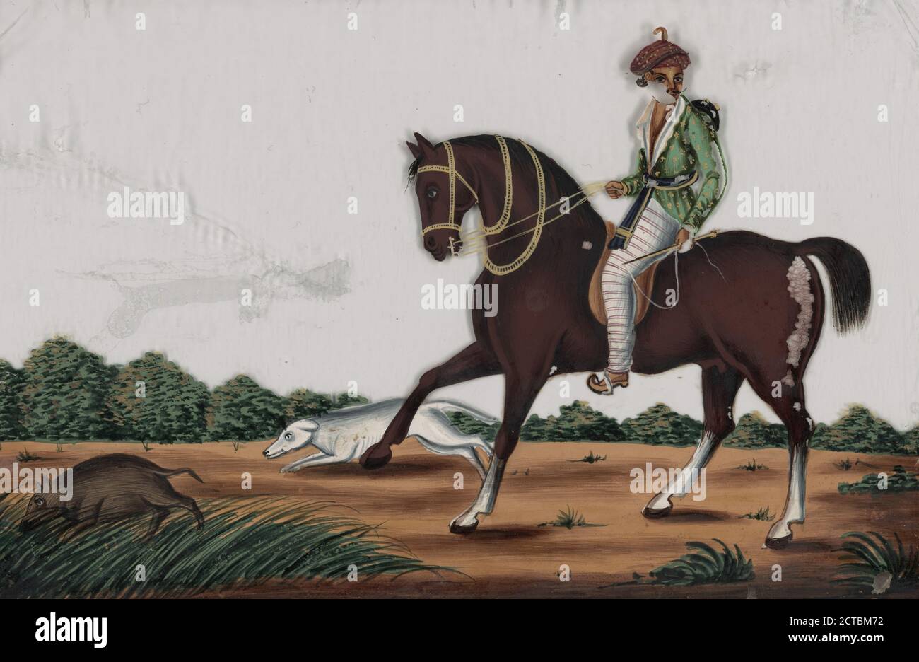 Hunting scene, rider on horse with white dog charging boar, still image ...