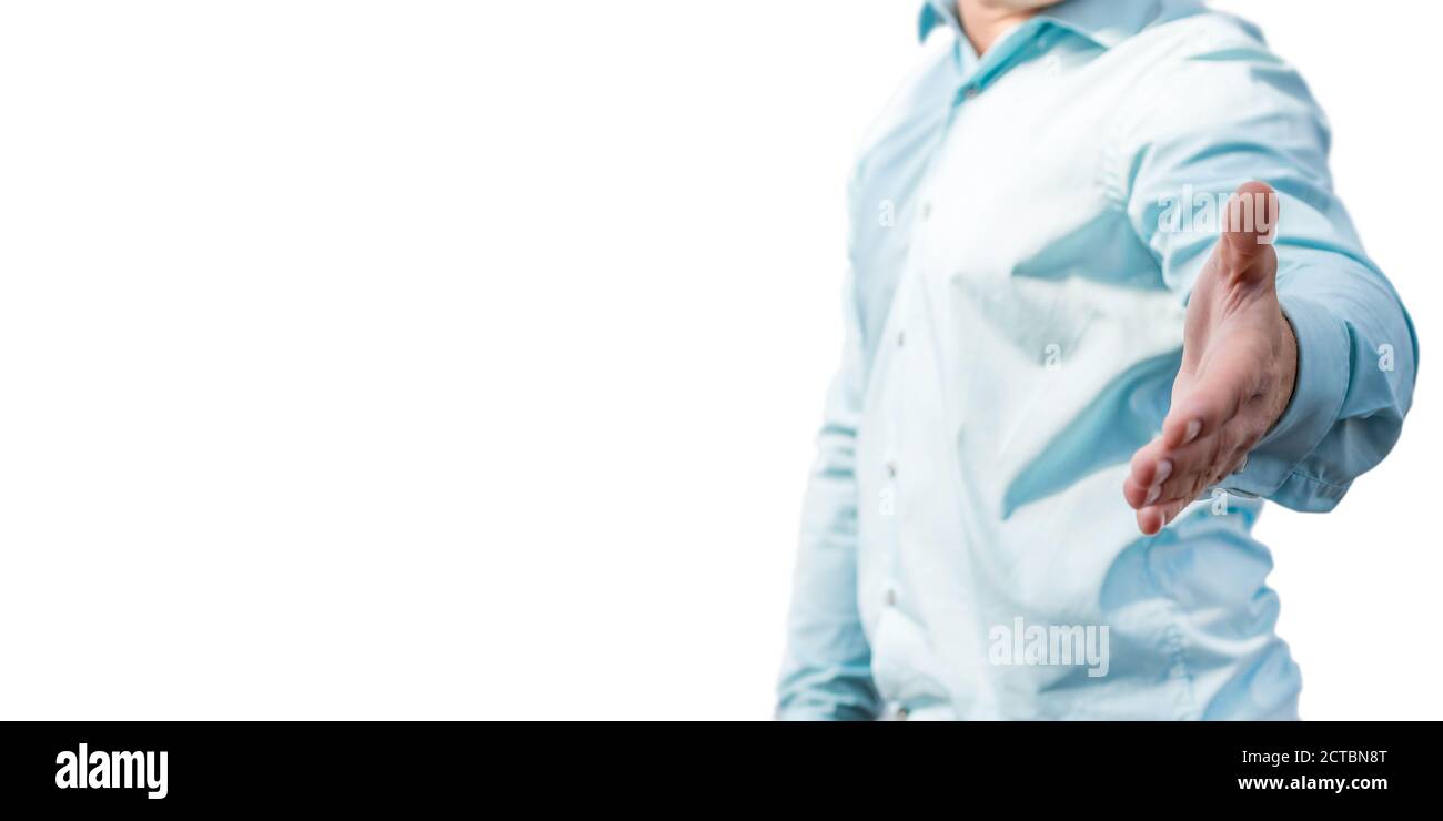 Businessman with outstretched open hand as a sign of a handshake with ...