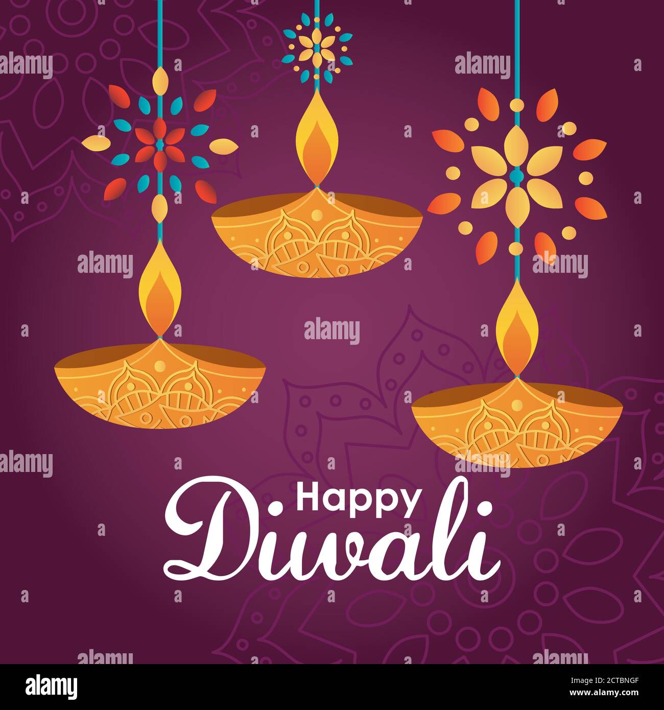 Happy diwali design with diyas and decorative flowers over purple ...