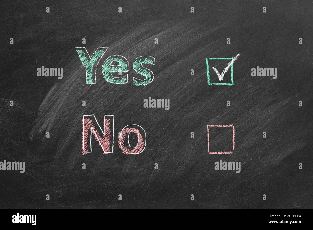 Two voting checkboxes with lettering Yes and No on blackboard. Check ...