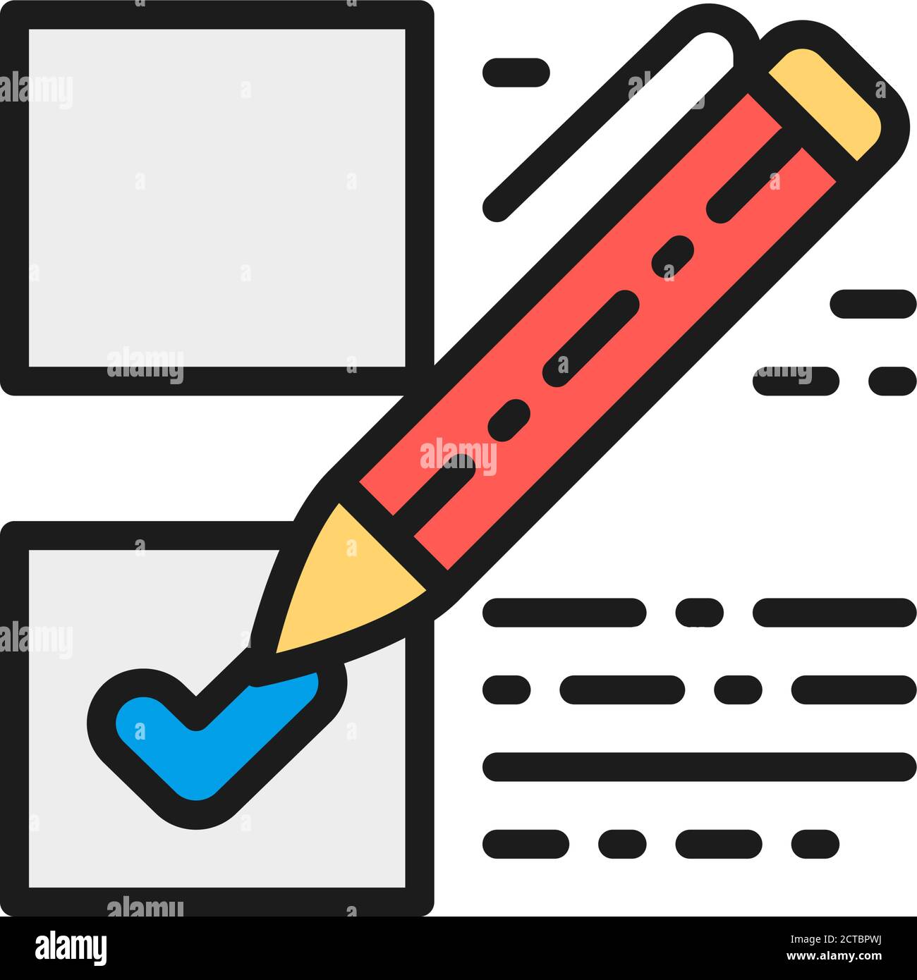 Voting, check mark on ballot, election checklist flat color line icon ...