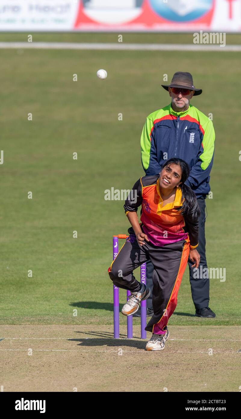 Anisha Patel bowling for Central Sparks against Lightning in a Rachael ...