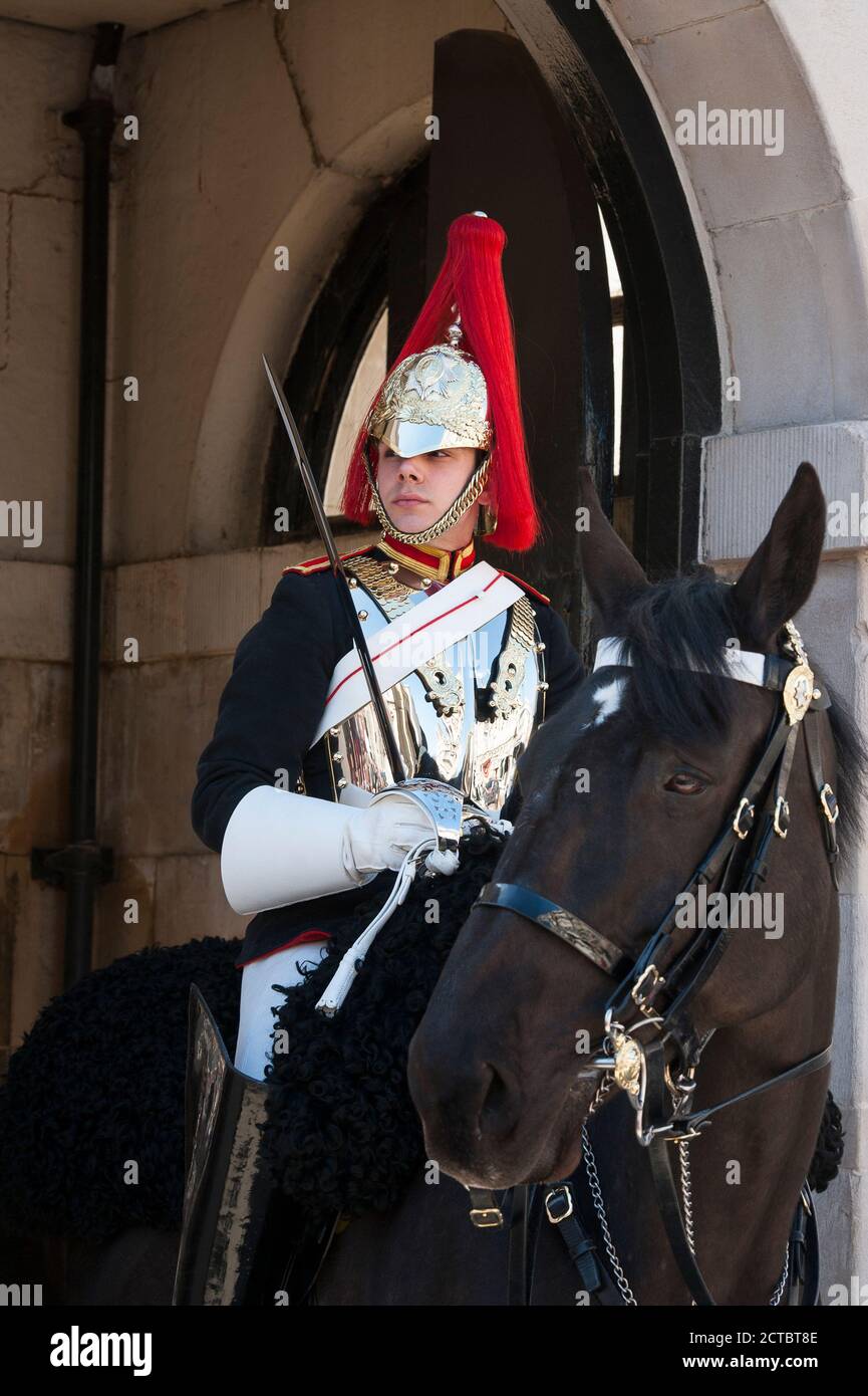Household Cavalry Life Guard on guard duty in Whitehall, London ...