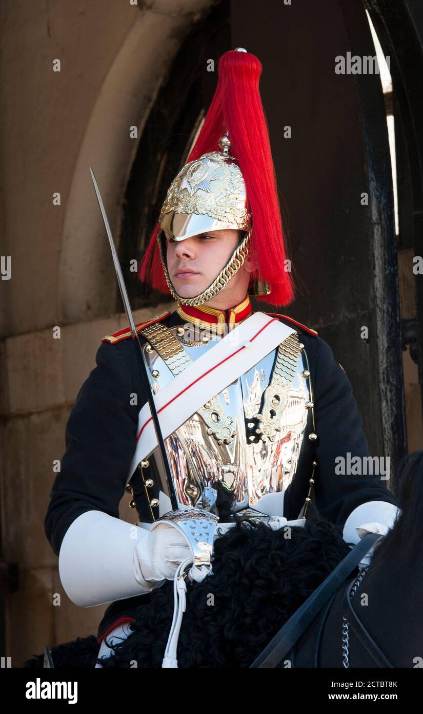 Household Cavalry Life Guard on guard duty in Whitehall, London ...