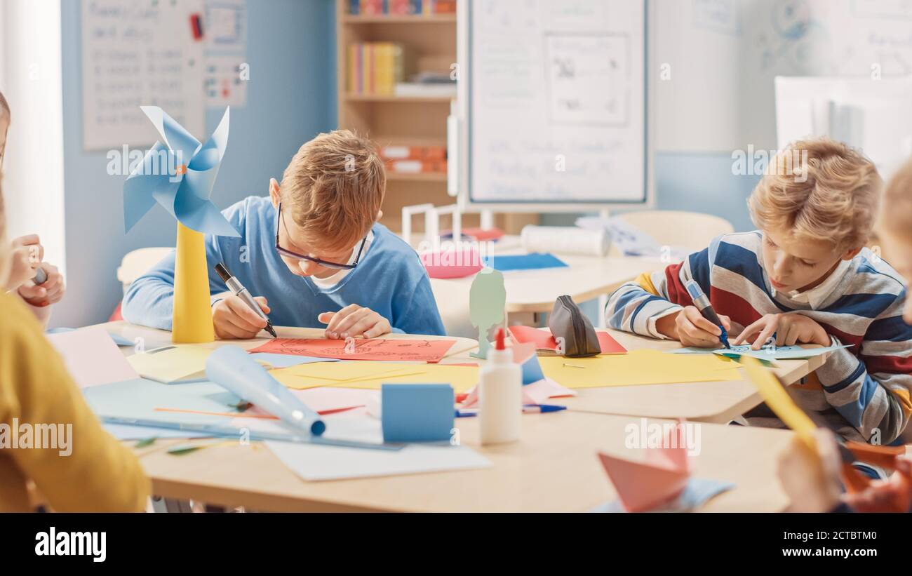 Elementary School Arts Crafts Class: Diverse Group of Smart Children ...