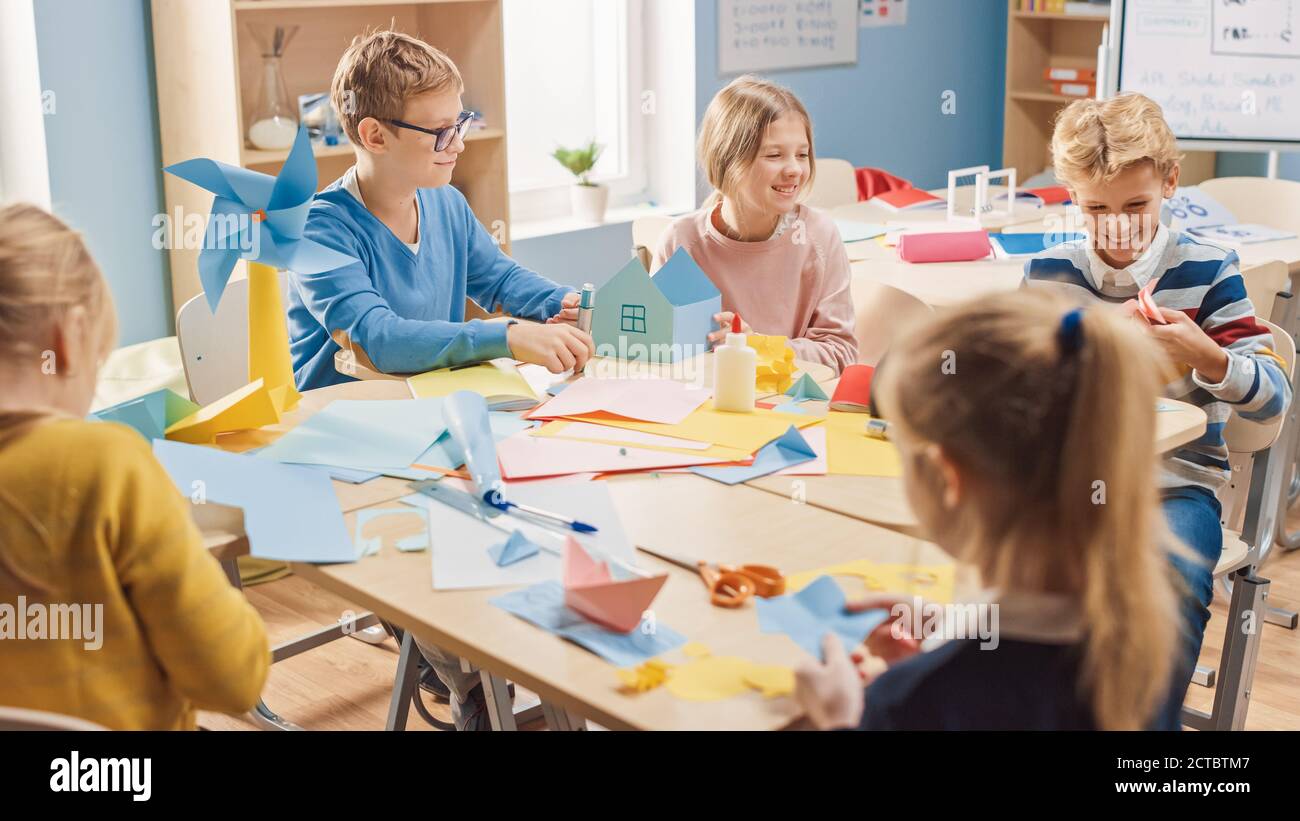 Elementary School Arts Crafts Class: Diverse Group of Smart Children ...