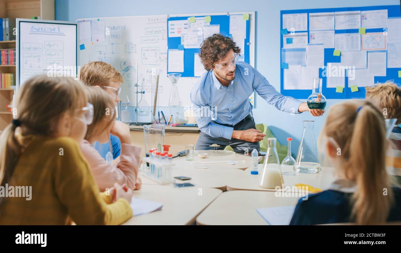 Elementary School Chemistry Classroom: Enthusiastic Teacher Teaches ...