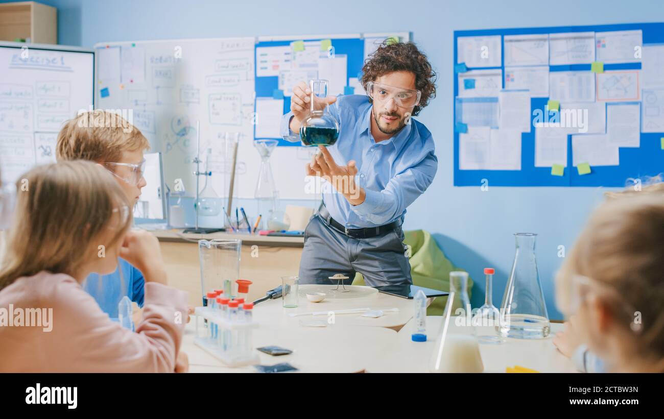 Elementary School Chemistry Classroom: Enthusiastic Teacher Teaches ...