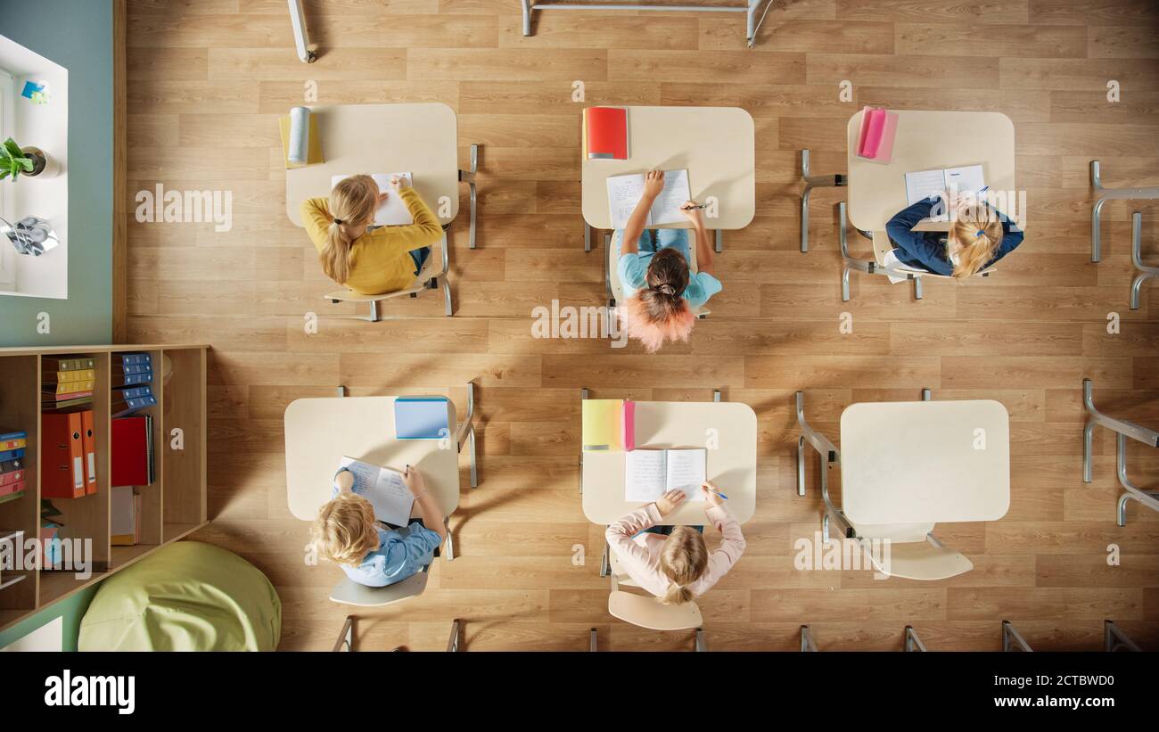 Elementary School Classroom: Children Sitting at their School Desk ...