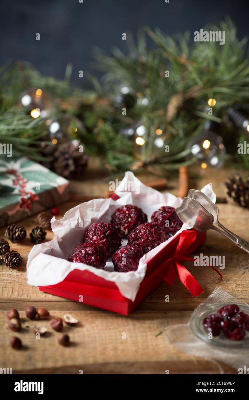 Christmas cranberry truffles in a red box Stock Photo - Alamy