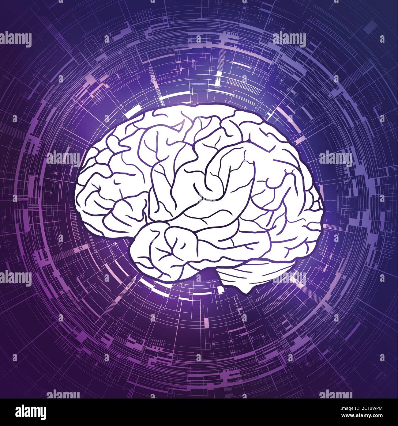 Human brain on violet techno background. Display, communication. Vector ...