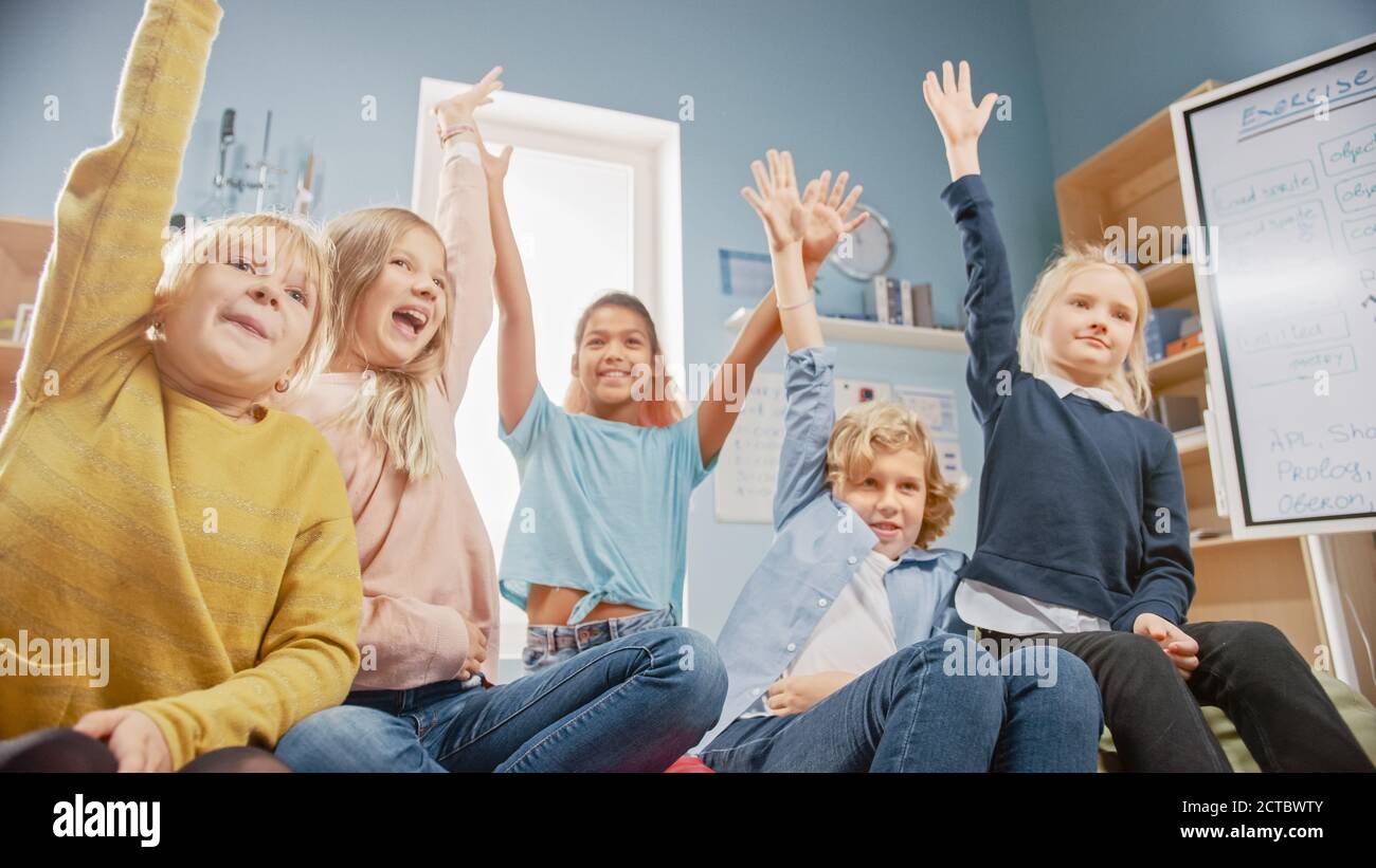 Elementary School Creativity Class: Diverse Children Sitting on the ...