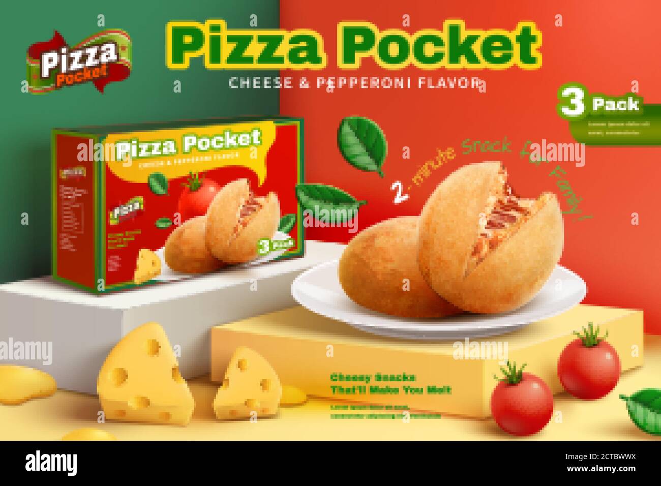 Pizza pocket ad template with box and food mock-up set on colorful ...