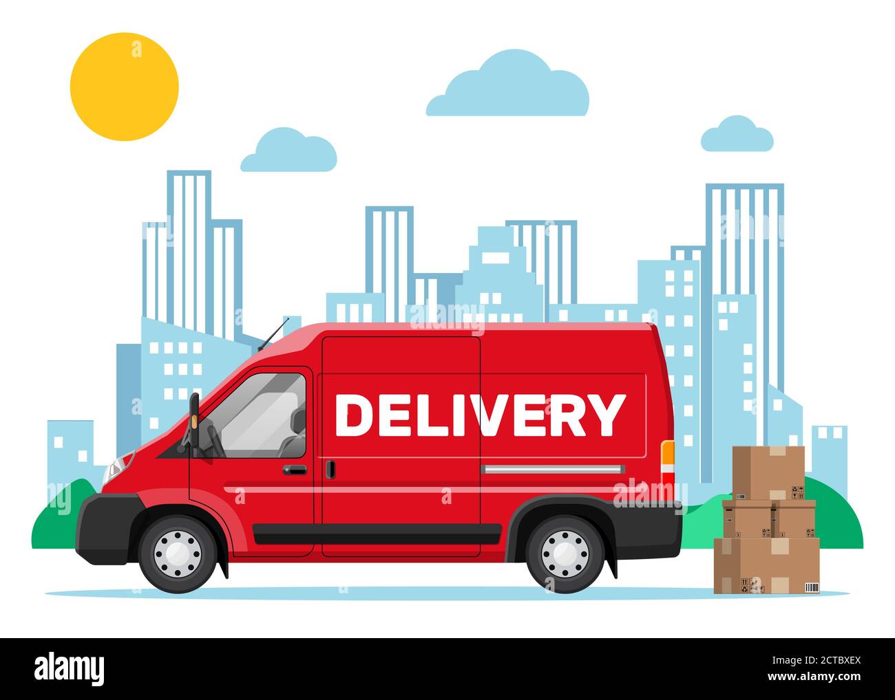 Red delivery van and cardboard boxes, cityscape background. Express delivering services ...