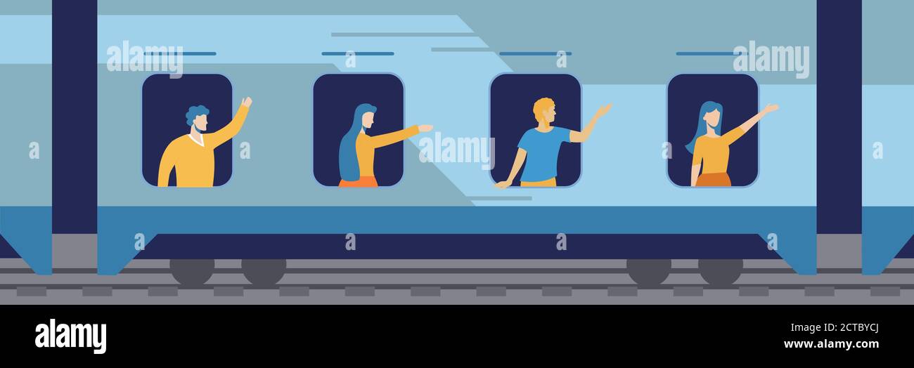 People in windows of train illustration. Happy characters waving their ...