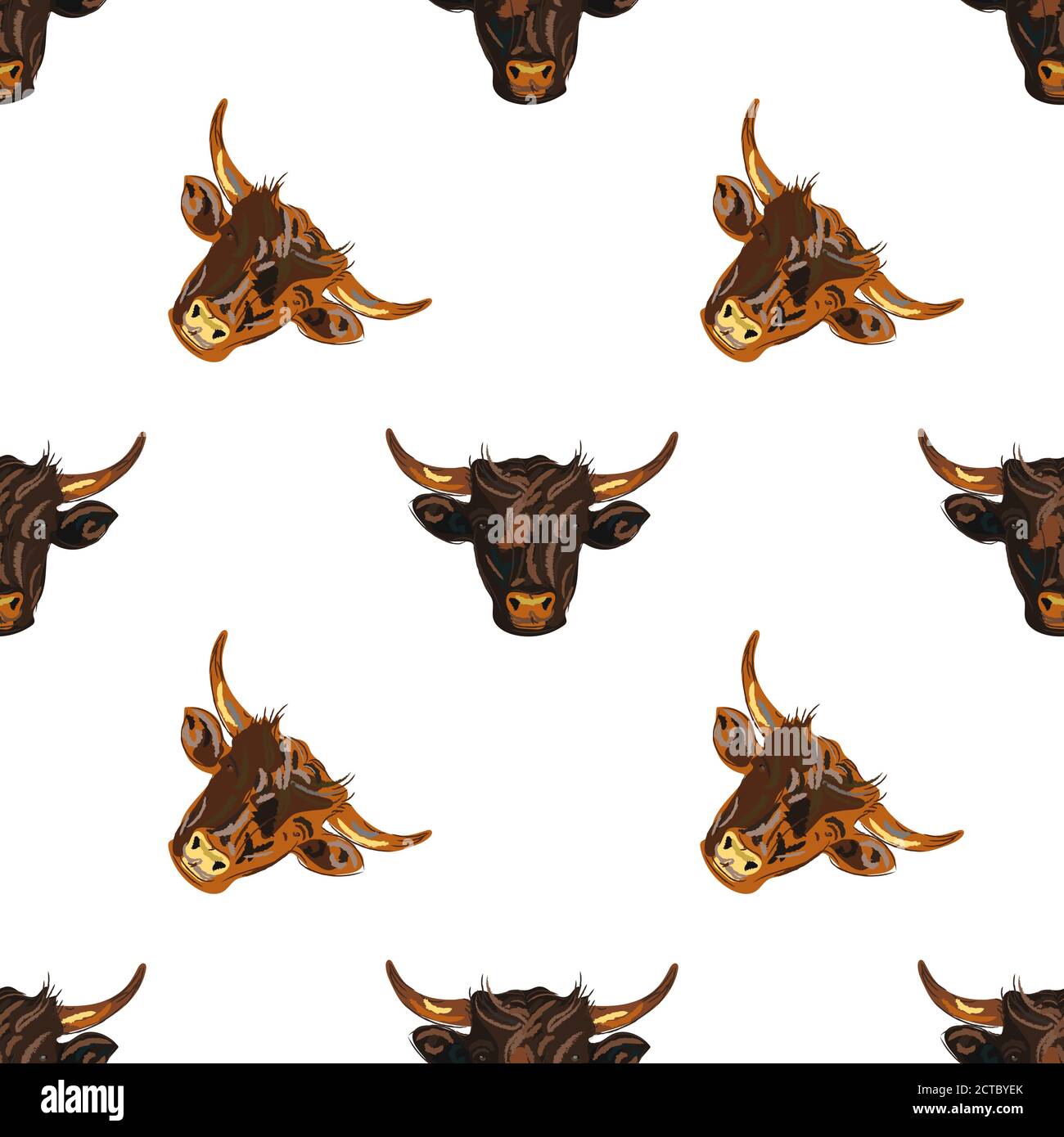 Head bull or cow hand drawn paintbrush isolated seamless pattern on ...
