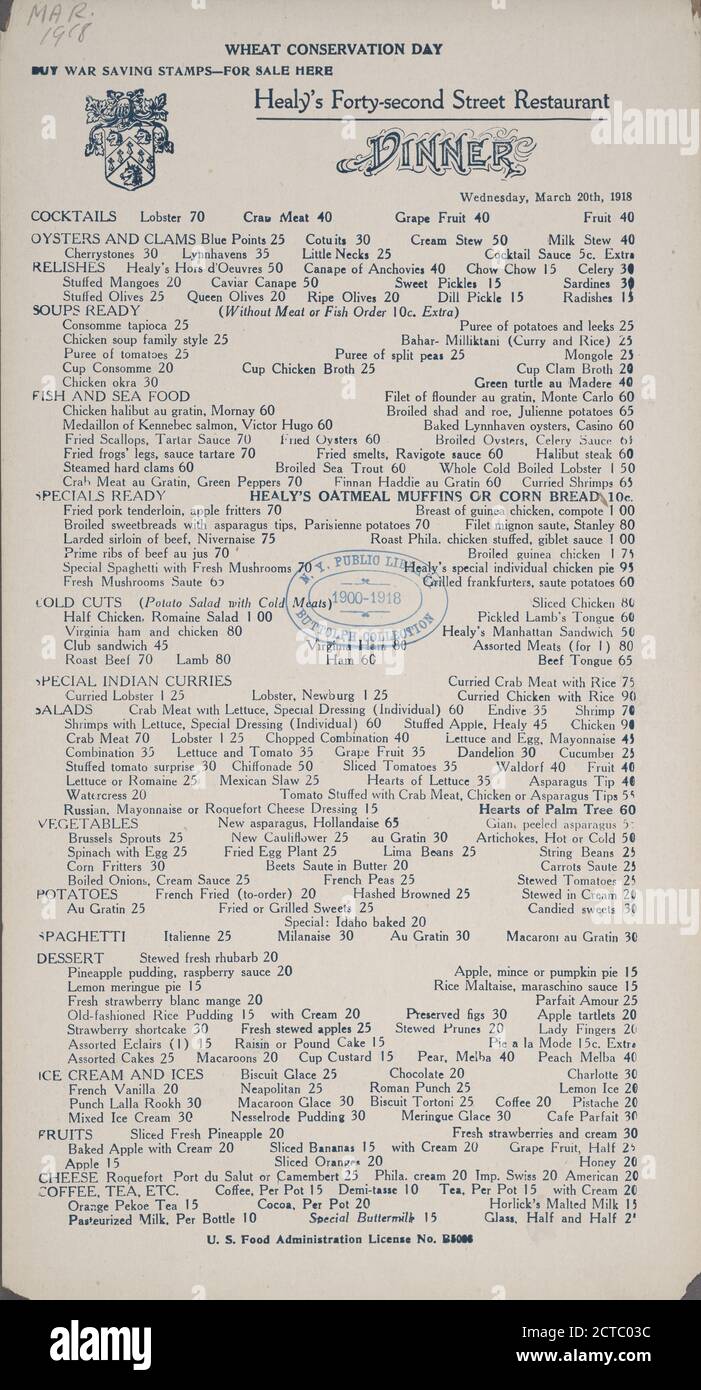 Healy's Forty-second Street restaurant, text, Menus, 1900 Stock Photo ...