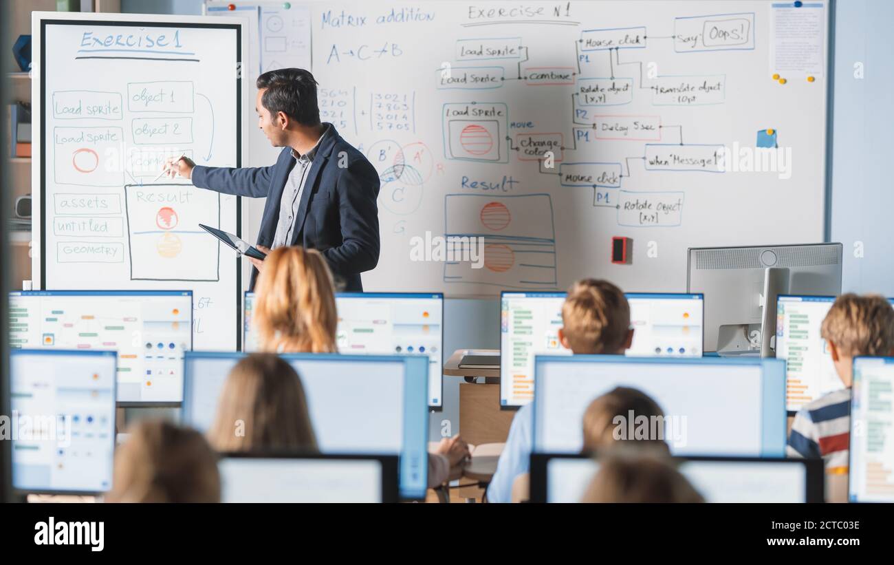 Elementary School Class: Teacher Uses Interactive Digital Whiteboard ...