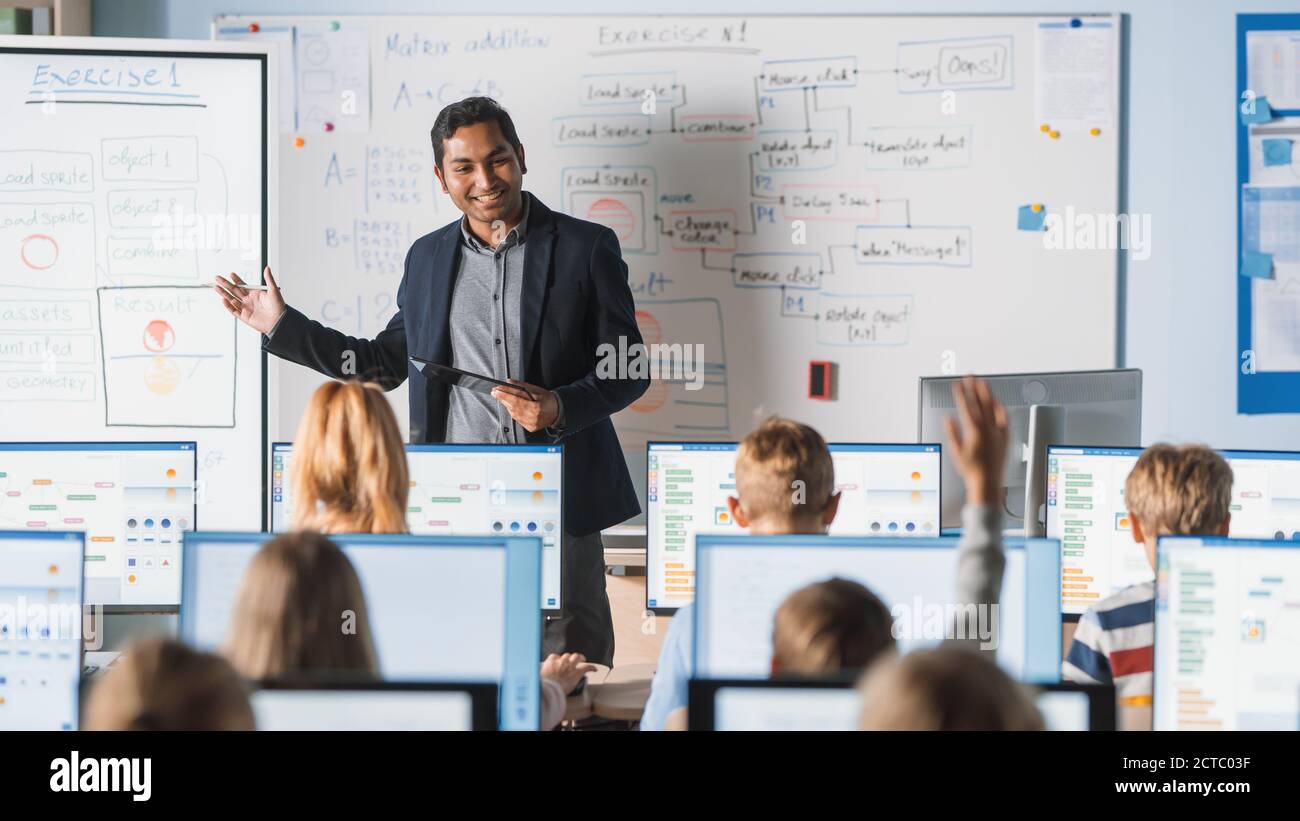 Elementary School Class: Teacher Uses Interactive Digital Whiteboard ...