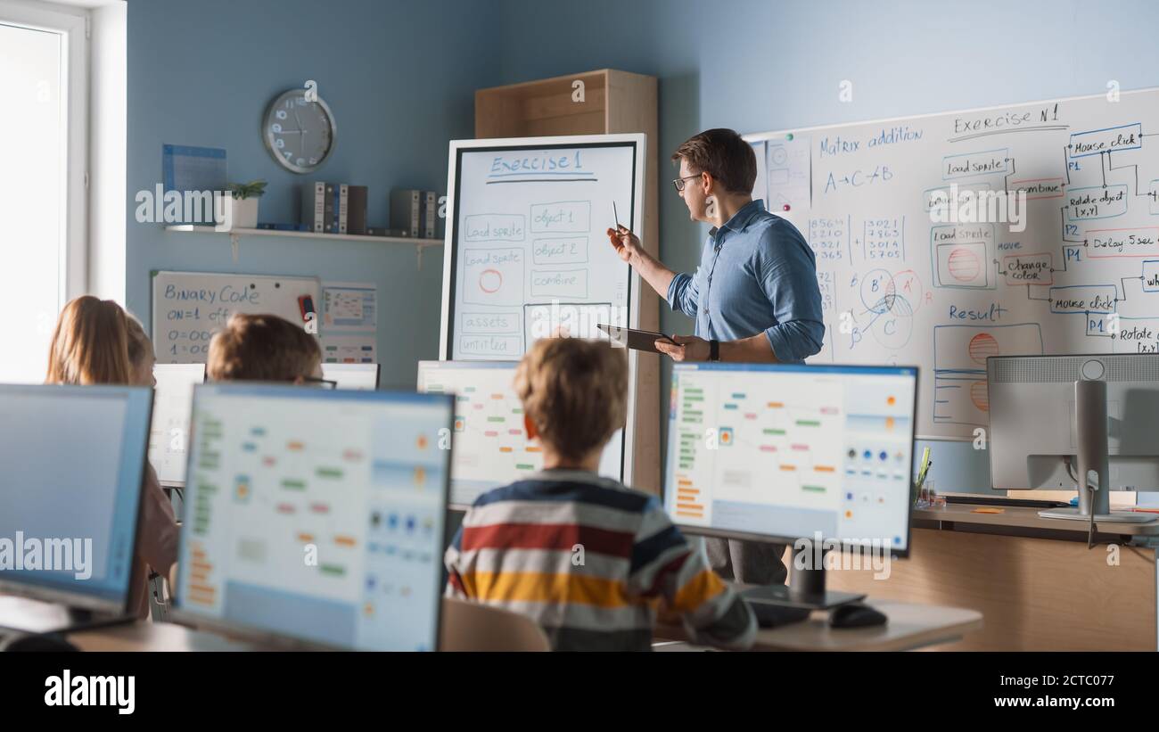 Elementary School Class: Teacher Uses Interactive Digital Whiteboard ...