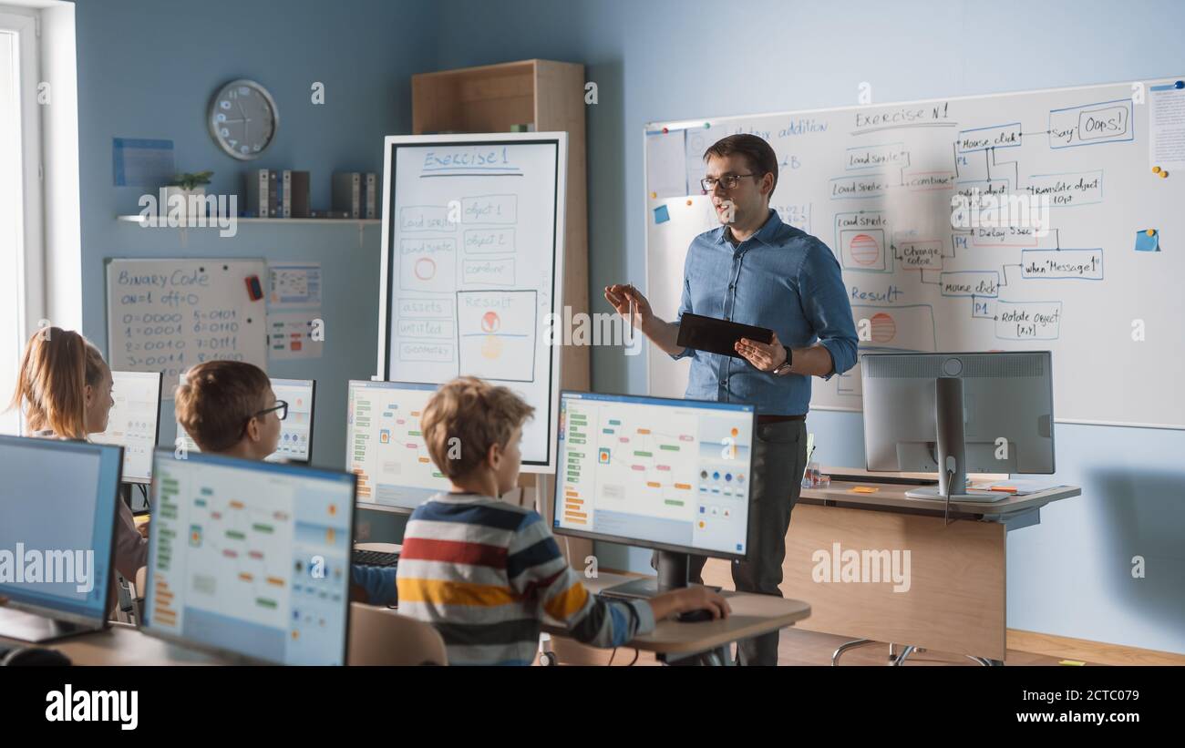 School Class: Portrait of the Enthusiastic and Motivated Teacher Using ...