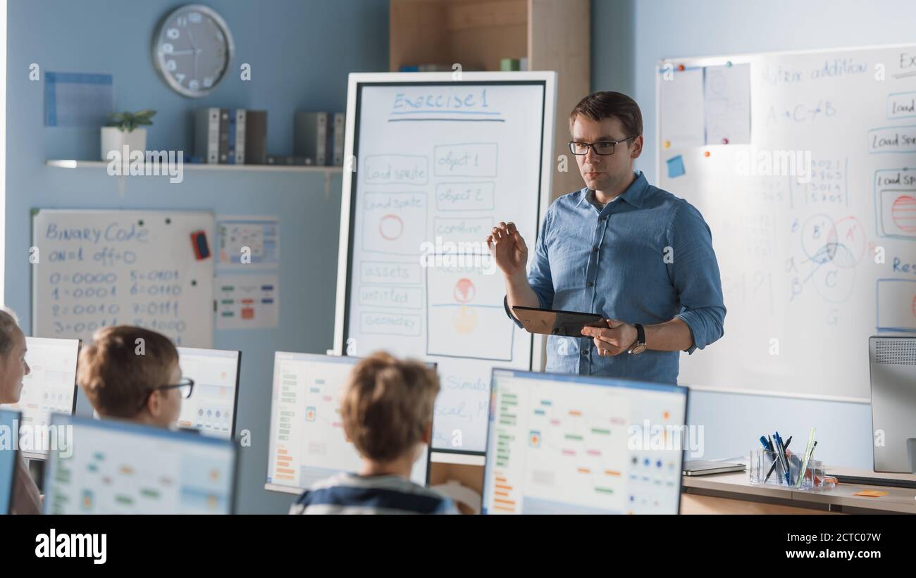 School Class: Portrait of the Enthusiastic and Motivated Teacher Using ...