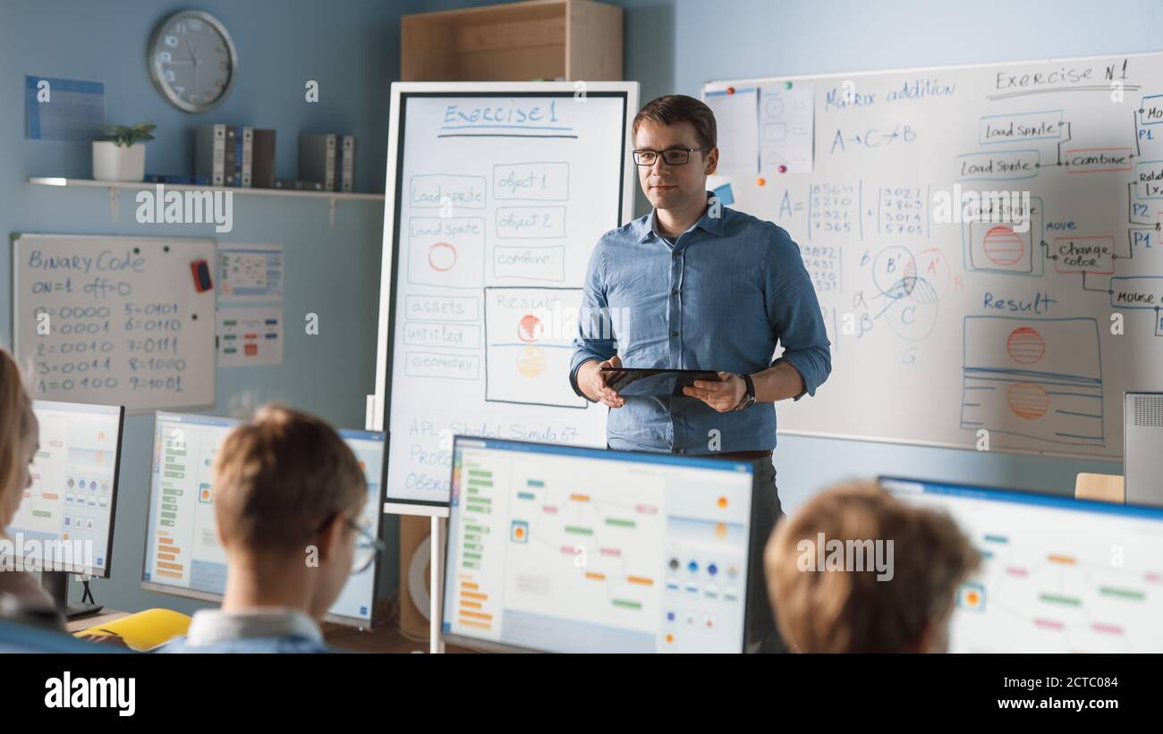 Elementary School Class: Teacher Uses Interactive Digital Whiteboard ...