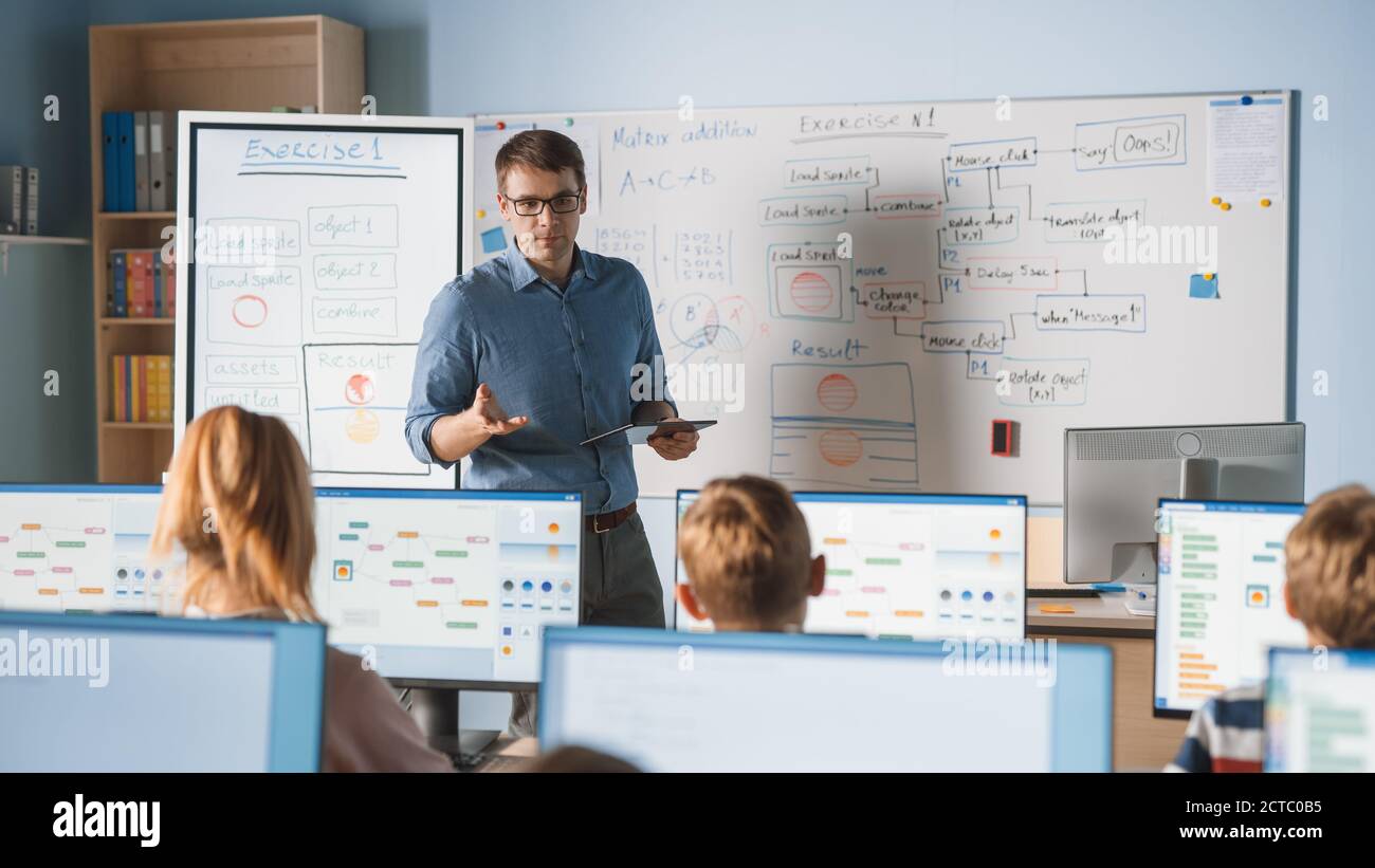 School Class: Portrait of the Enthusiastic and Motivated Teacher Using ...