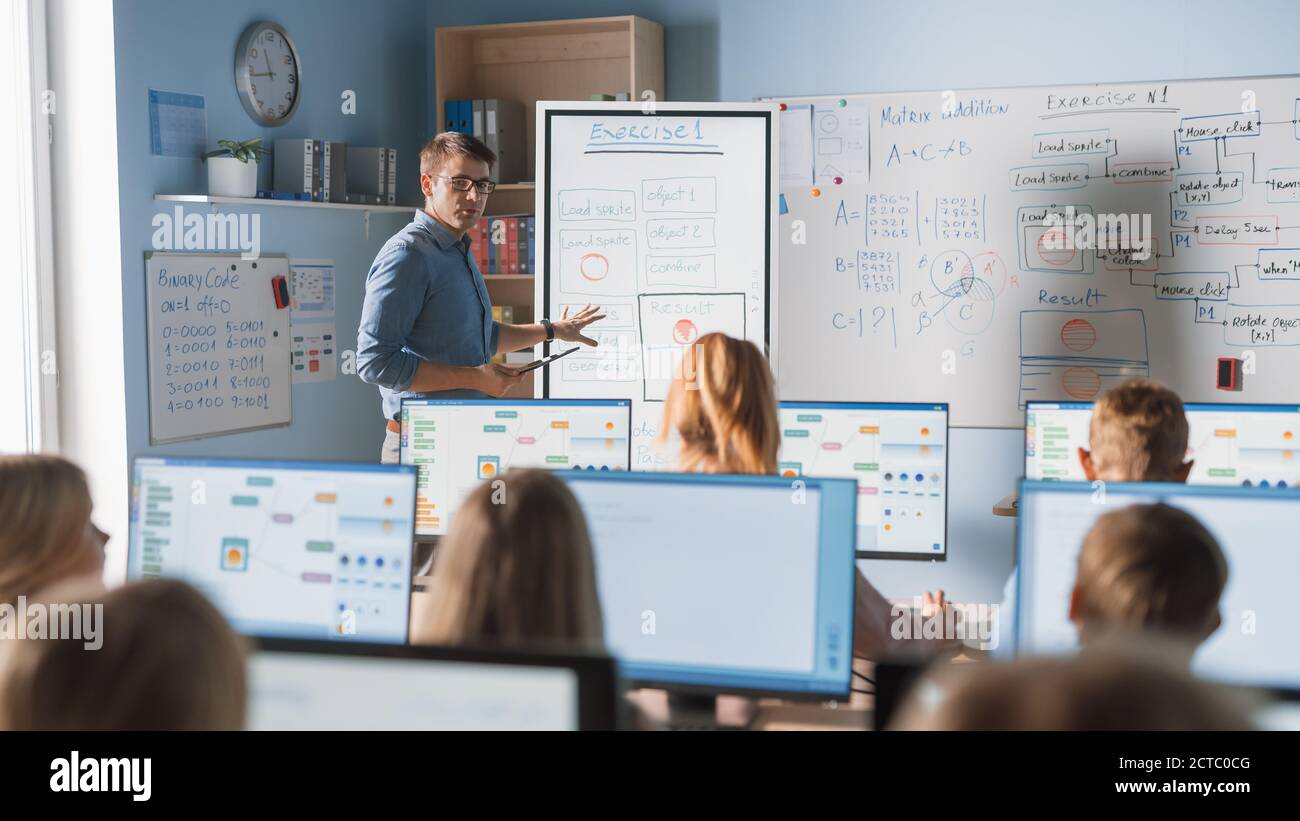 Elementary School Class: Teacher Uses Interactive Digital Whiteboard ...