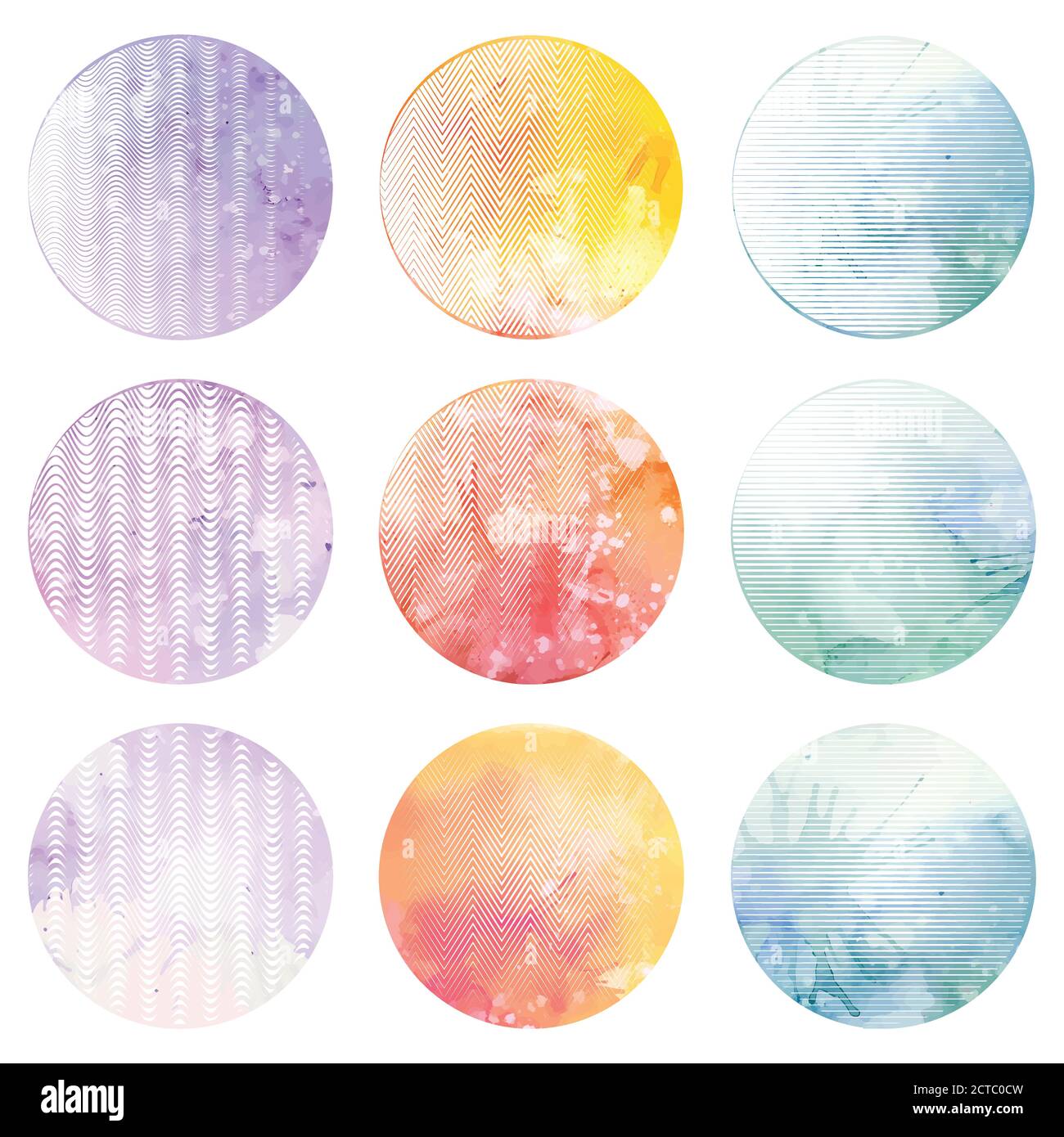 Set of round banners with engraving shading with watercolor background ...