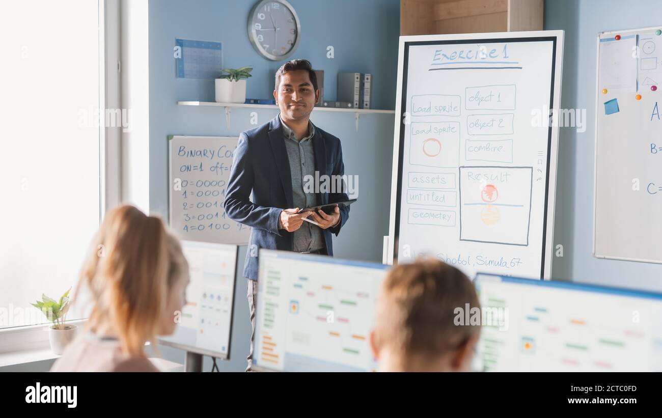 Elementary School Class: Teacher Uses Interactive Digital Whiteboard ...