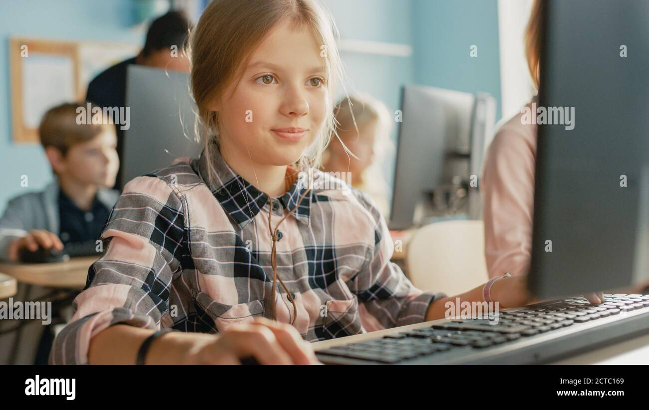 Elementary School Computer Science Classroom: Portrait of a Smart Cute ...