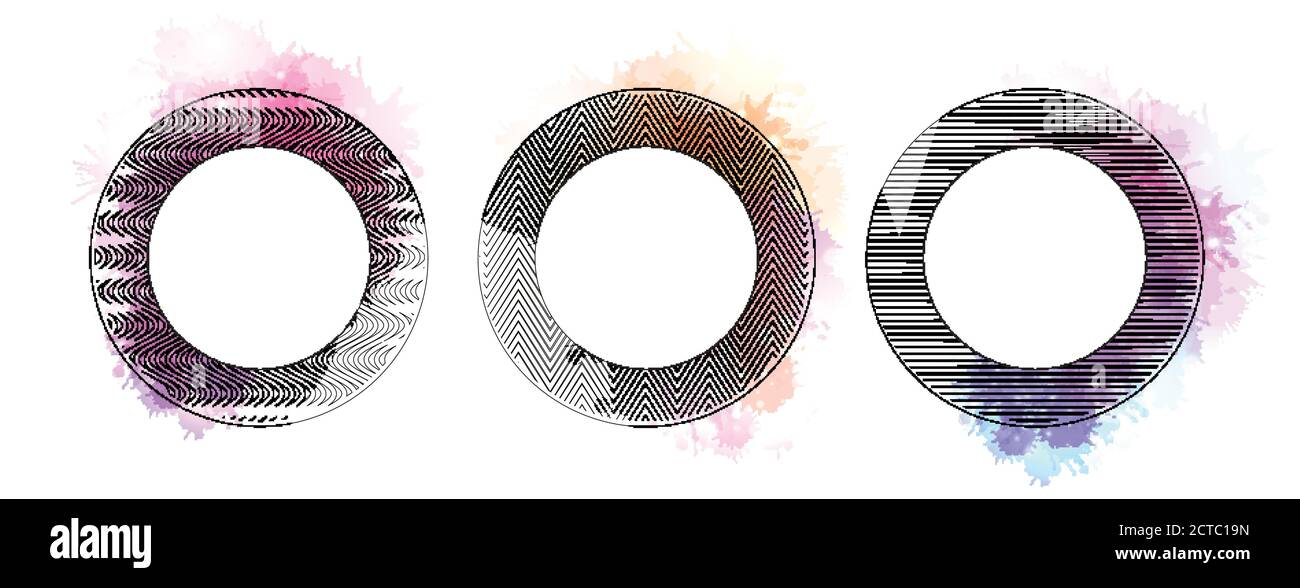 Set of round frames with engraving pattern and watercolor spray. Vector ...