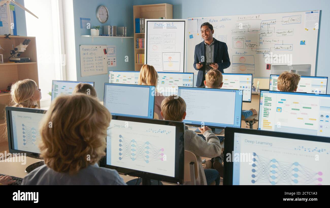 Elementary School Class: Teacher Uses Interactive Digital Whiteboard ...