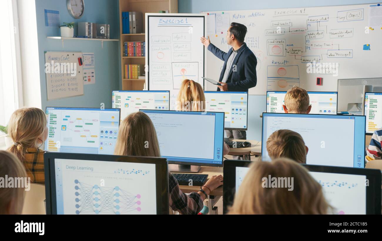 Elementary School Class: Teacher Uses Interactive Digital Whiteboard ...