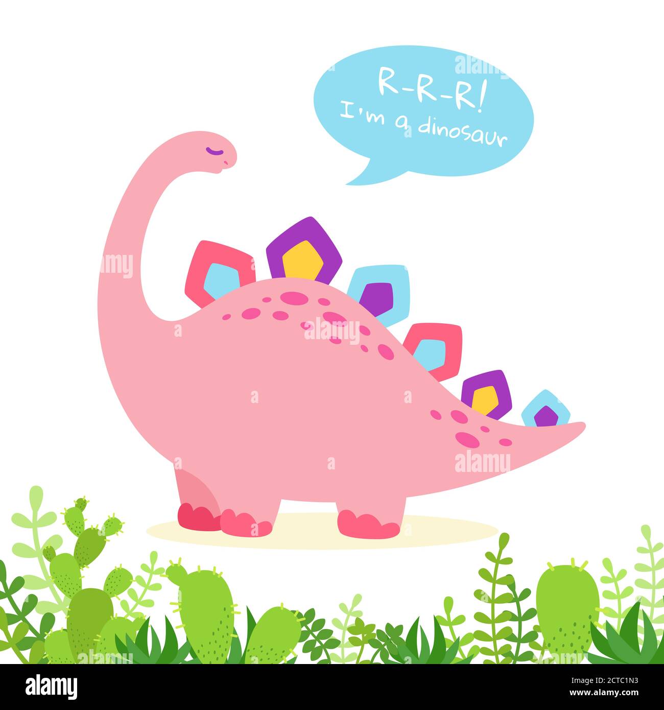 Cartoon dinosaur with speech bubble. Colorful reptile with plants and ...
