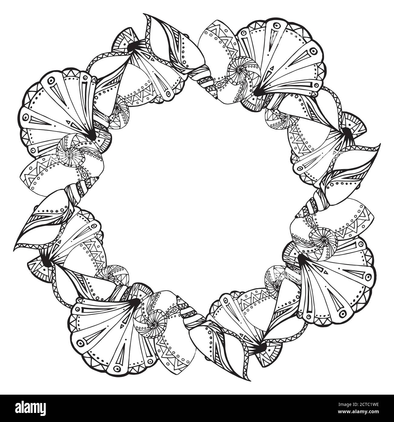 Round black and white frame with seashells with boho pattern. The ...