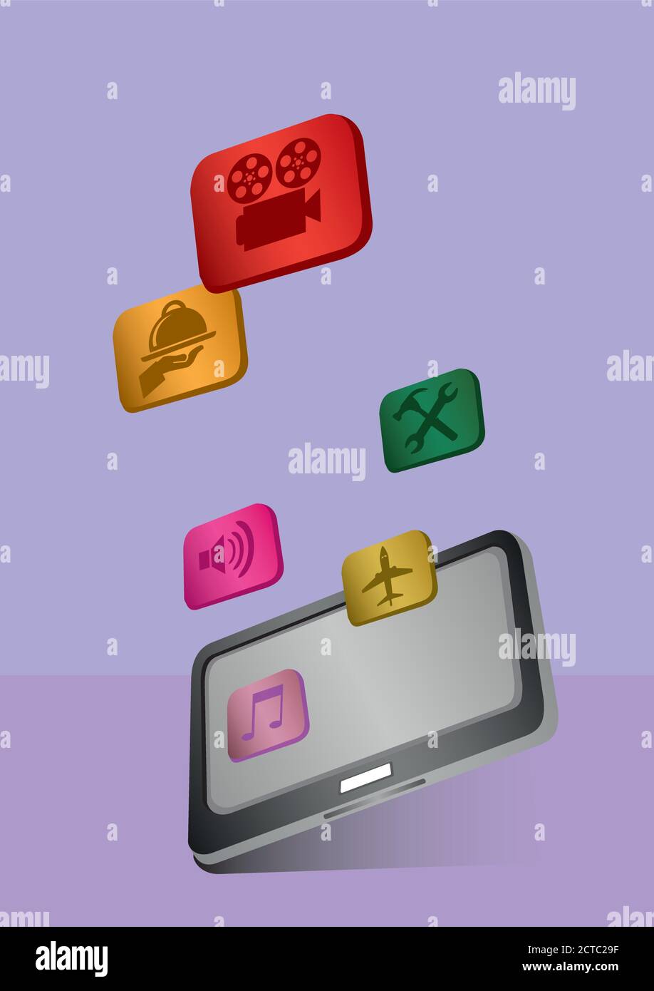 Vector illustration of application software icons and logos flying out ...