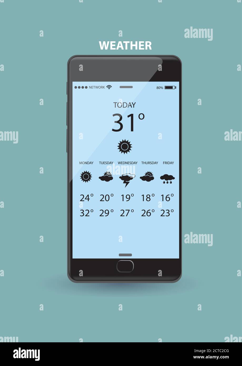 Sleek black mobile phone displaying weather application on screen ...