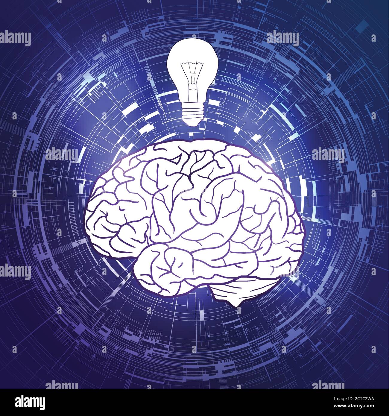 Human brain and a light bulb on violet techno background. Idea ...