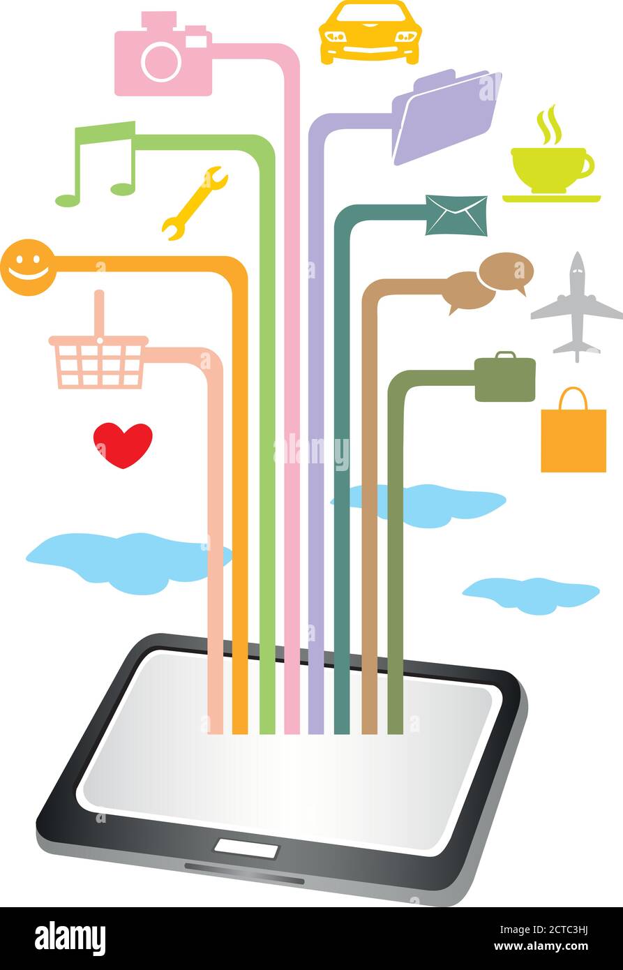 Wireless digital tablet with technology icons branching out in mind ...